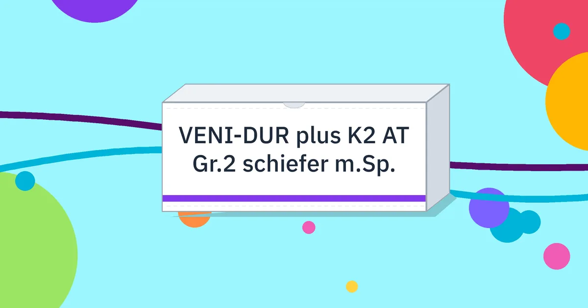 Symbolbild: Packung mit der Aufschrift VENI-DUR plus K2 AT Gr.2 schiefer m.Sp. (PZN 03255344) – Verfügbarkeit und Bezug in Apotheken in Frankfurt am Main