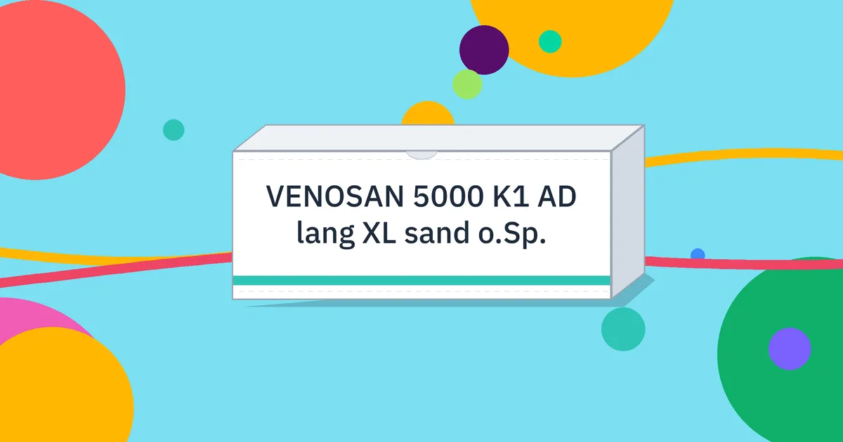 Symbolbild: Packung mit der Aufschrift VENOSAN 5000 K1 AD lang XL sand o.Sp. (PZN 14428032) – Verfügbarkeit und Bezug in Apotheken in Frankfurt am Main