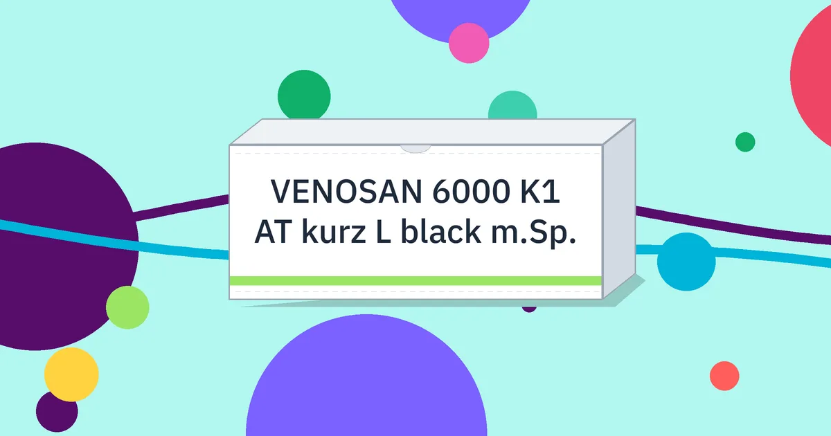Symbolbild: Packung mit der Aufschrift VENOSAN 6000 K1 AT kurz L black m.Sp. (PZN 17172099) – Verfügbarkeit und Bezug in Apotheken in Frankfurt am Main