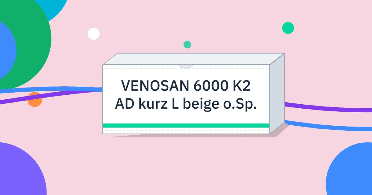 Symbolbild: Packung mit der Aufschrift VENOSAN 6000 K2 AD kurz L beige o.Sp. (PZN 17172231) – Verfügbarkeit und Bezug in Apotheken in Frankfurt am Main