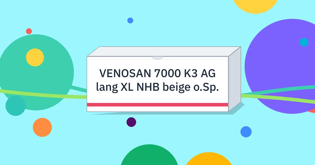 Symbolbild: Packung mit der Aufschrift VENOSAN 7000 K3 AG lang XL NHB beige o.Sp. (PZN 14435351) – Verfügbarkeit und Bezug in Apotheken in Frankfurt am Main