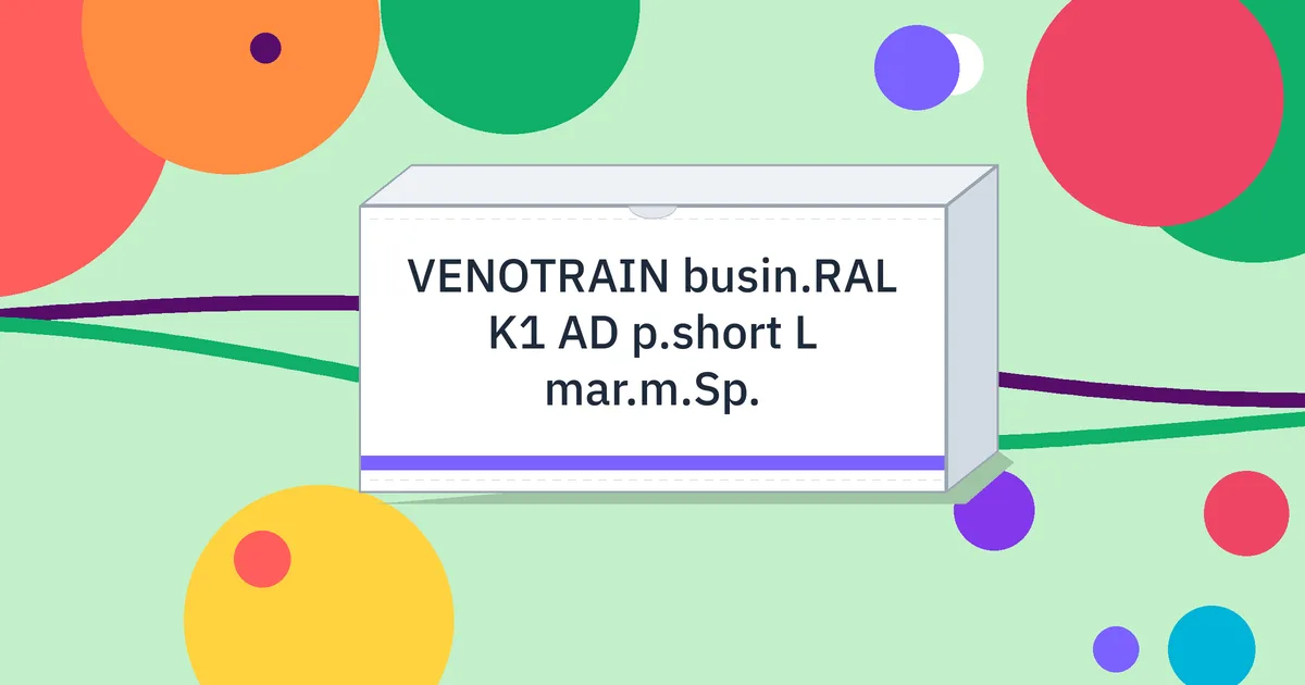 Symbolbild: Packung mit der Aufschrift VENOTRAIN busin.RAL K1 AD p.short L mar.m.Sp. (PZN 06948355) – Verfügbarkeit und Bezug in Apotheken in Frankfurt am Main