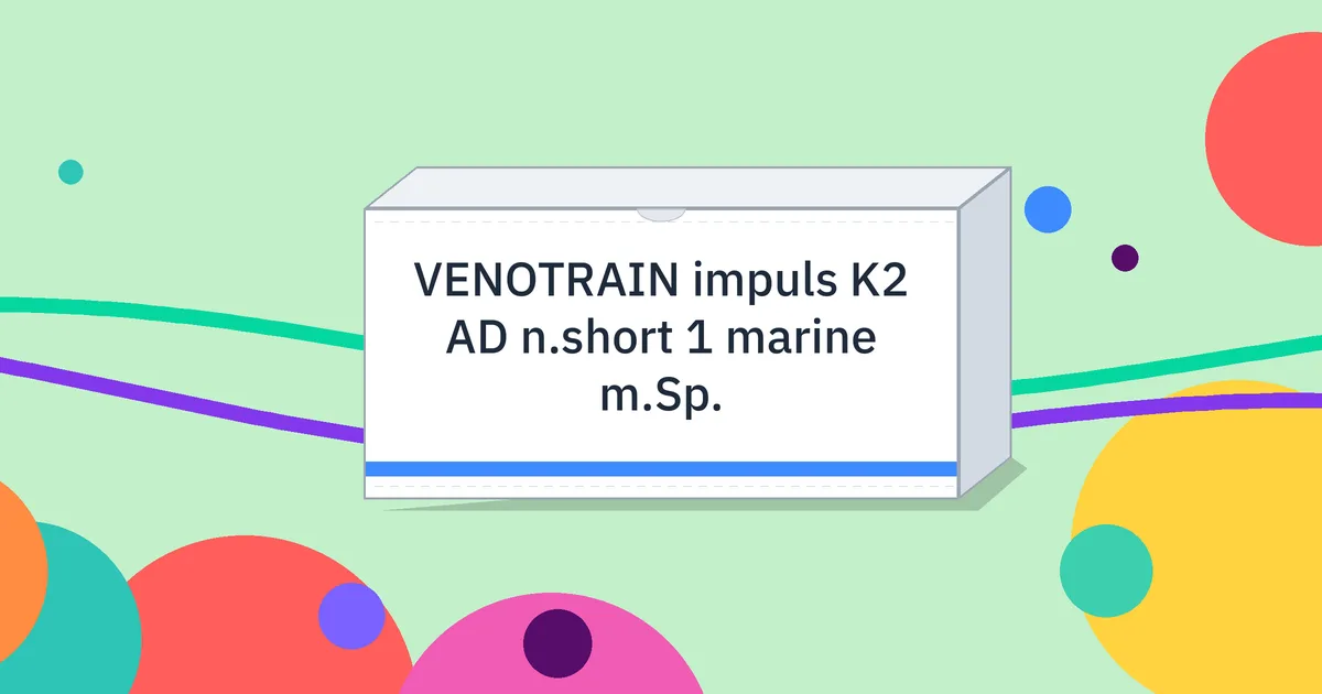 Symbolbild: Packung mit der Aufschrift VENOTRAIN impuls K2 AD n.short 1 marine m.Sp. (PZN 15221037) – Verfügbarkeit und Bezug in Apotheken in Frankfurt am Main