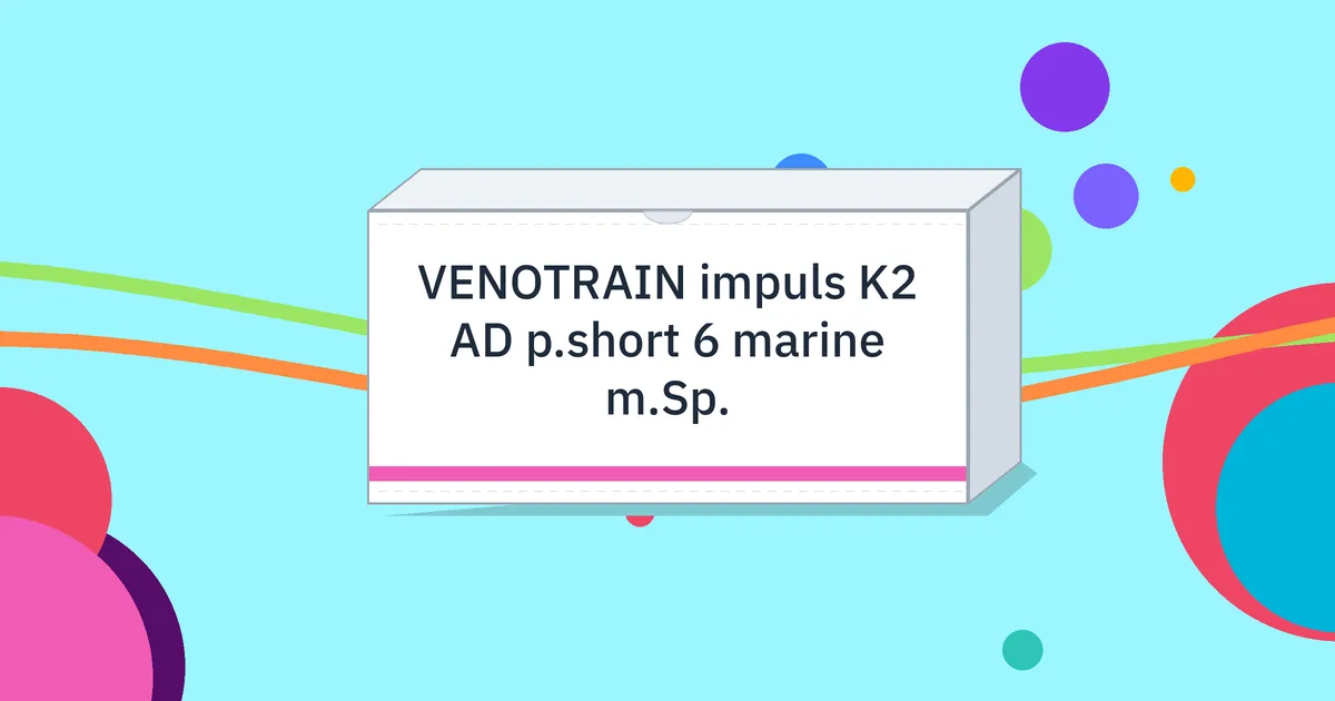 Symbolbild: Packung mit der Aufschrift VENOTRAIN impuls K2 AD p.short 6 marine m.Sp. (PZN 15221244) – Verfügbarkeit und Bezug in Apotheken in Frankfurt am Main
