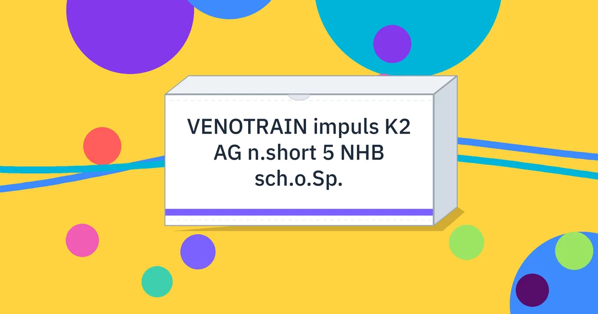 Symbolbild: Packung mit der Aufschrift VENOTRAIN impuls K2 AG n.short 5 NHB sch.o.Sp. (PZN 00519274) – Verfügbarkeit und Bezug in Apotheken in Frankfurt am Main