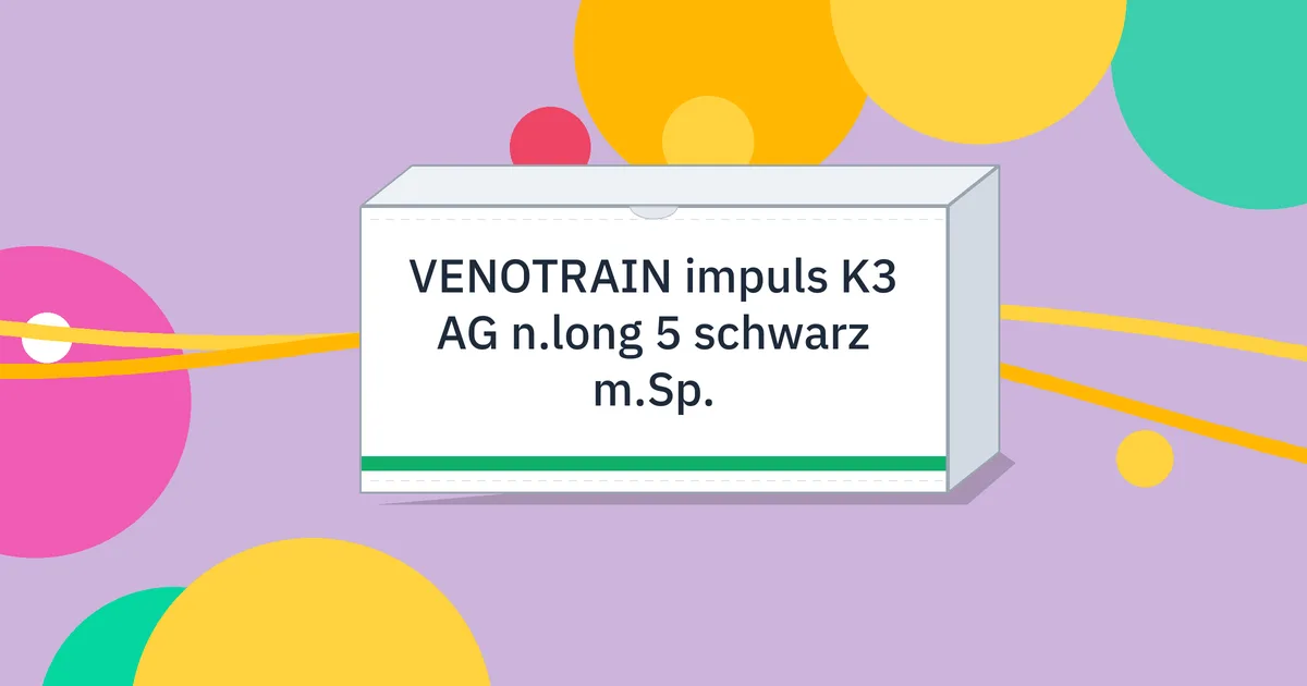 Symbolbild: Packung mit der Aufschrift VENOTRAIN impuls K3 AG n.long 5 schwarz m.Sp. (PZN 00496975) – Verfügbarkeit und Bezug in Apotheken in Frankfurt am Main