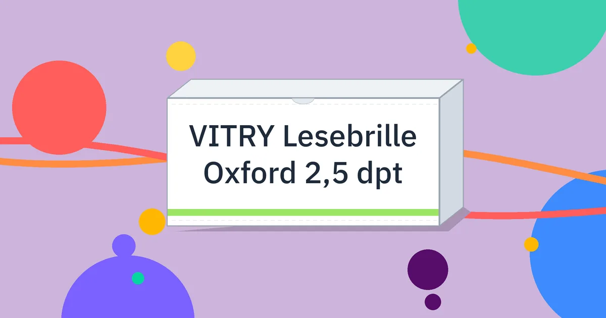 Symbolbild: Packung mit der Aufschrift VITRY Lesebrille Oxford 2,5 dpt (PZN 19106385) – Verfügbarkeit und Bezug in Apotheken in Frankfurt am Main