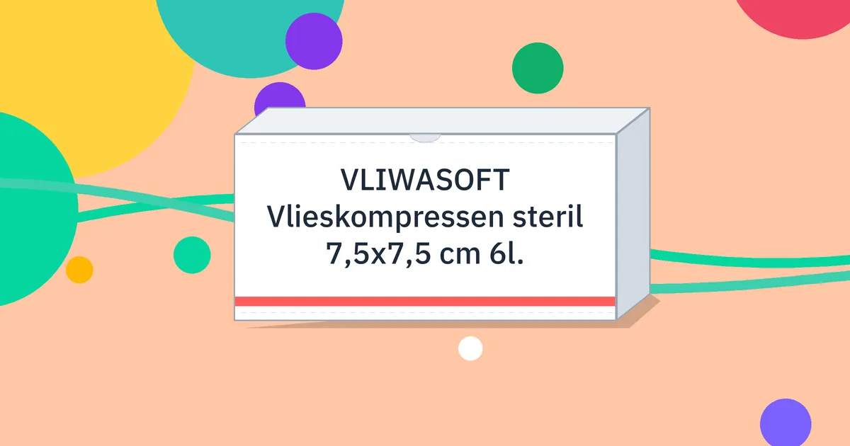Symbolbild: Packung mit der Aufschrift VLIWASOFT Vlieskompressen steril 7,5x7,5 cm 6l. (PZN 16926159) – Verfügbarkeit und Bezug in Apotheken in Frankfurt am Main