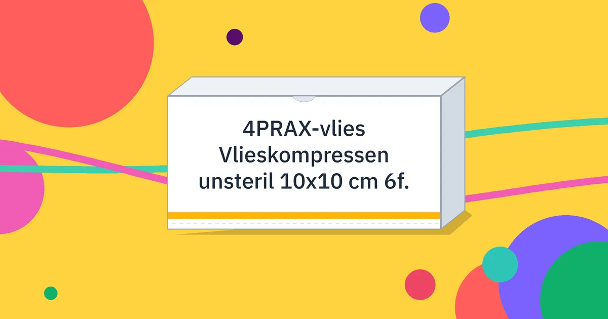 Symbolbild: Packung mit der Aufschrift 4PRAX-vlies Vlieskompressen unsteril 10x10 cm 6f. (PZN 20229779) – Verfügbarkeit und Bezug in Apotheken in Frankfurt am Main
