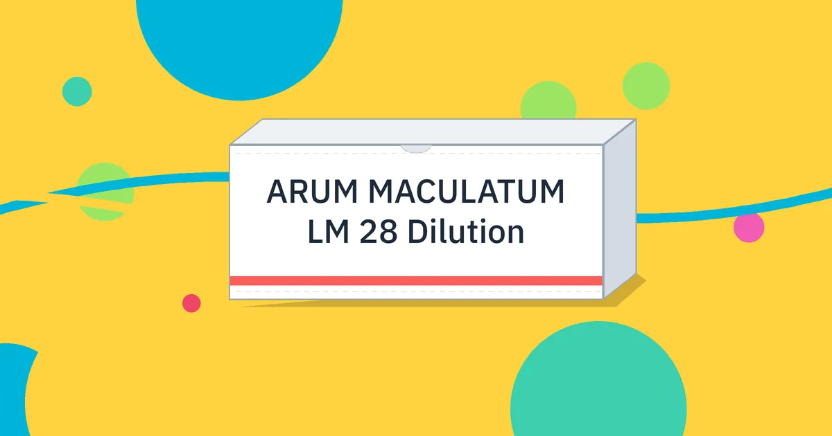 Symbolbild: Packung mit der Aufschrift ARUM MACULATUM LM 28 Dilution (PZN 13396643) – Verfügbarkeit und Bezug in Apotheken in Frankfurt am Main