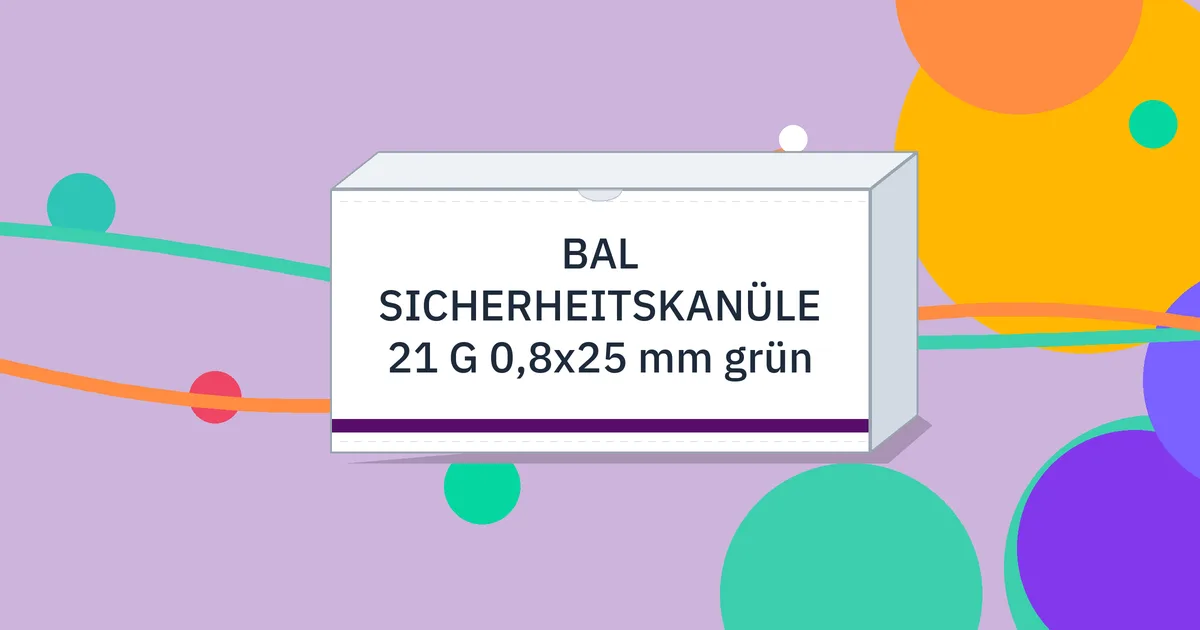 Symbolbild: Packung mit der Aufschrift BAL SICHERHEITSKANÜLE 21 G 0,8x25 mm grün (PZN 19124383) – Verfügbarkeit und Bezug in Apotheken in Frankfurt am Main