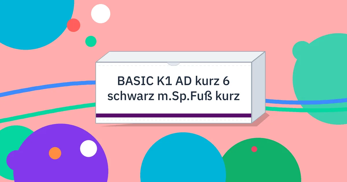 Symbolbild: Packung mit der Aufschrift BASIC K1 AD kurz 6 schwarz m.Sp.Fuß kurz (PZN 20259094) – Verfügbarkeit und Bezug in Apotheken in Frankfurt am Main