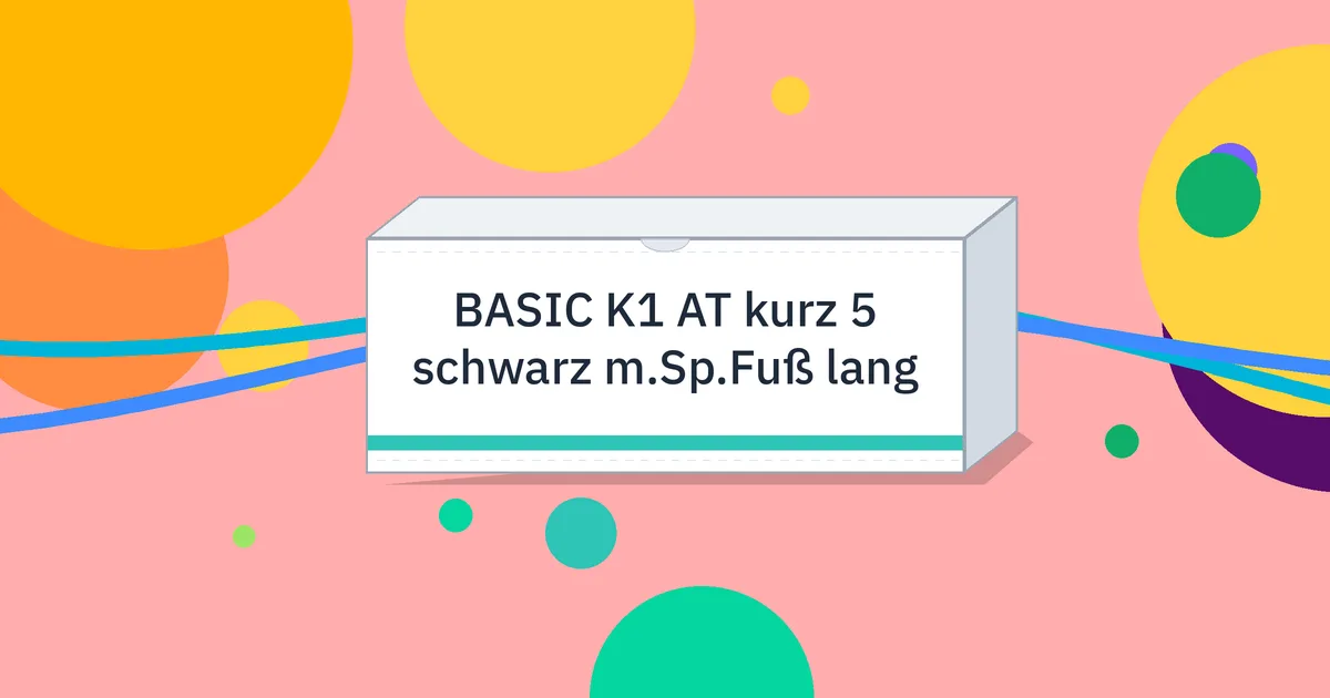 Symbolbild: Packung mit der Aufschrift BASIC K1 AT kurz 5 schwarz m.Sp.Fuß lang (PZN 20263032) – Verfügbarkeit und Bezug in Apotheken in Frankfurt am Main