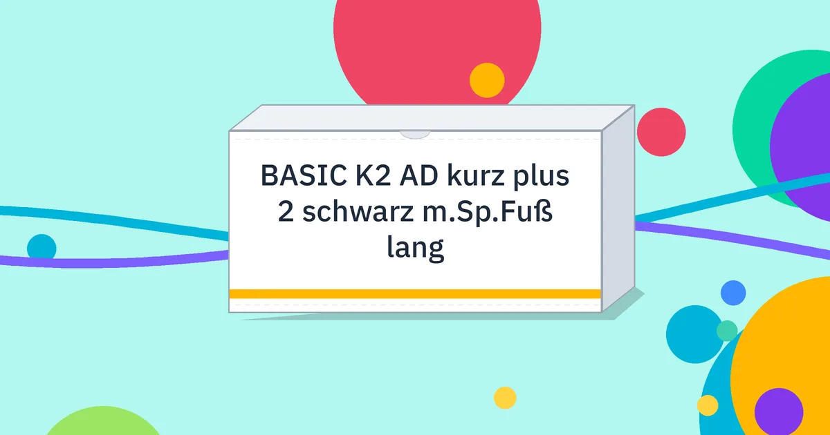 Symbolbild: Packung mit der Aufschrift BASIC K2 AD kurz plus 2 schwarz m.Sp.Fuß lang (PZN 20263948) – Verfügbarkeit und Bezug in Apotheken in Frankfurt am Main