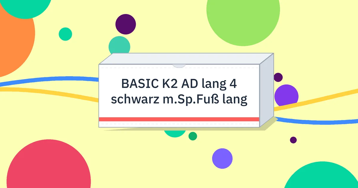 Symbolbild: Packung mit der Aufschrift BASIC K2 AD lang 4 schwarz m.Sp.Fuß lang (PZN 20264712) – Verfügbarkeit und Bezug in Apotheken in Frankfurt am Main