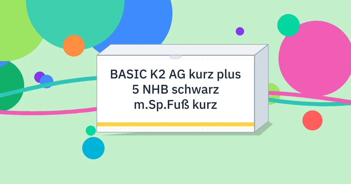 Symbolbild: Packung mit der Aufschrift BASIC K2 AG kurz plus 5 NHB schwarz m.Sp.Fuß kurz (PZN 20267946) – Verfügbarkeit und Bezug in Apotheken in Frankfurt am Main