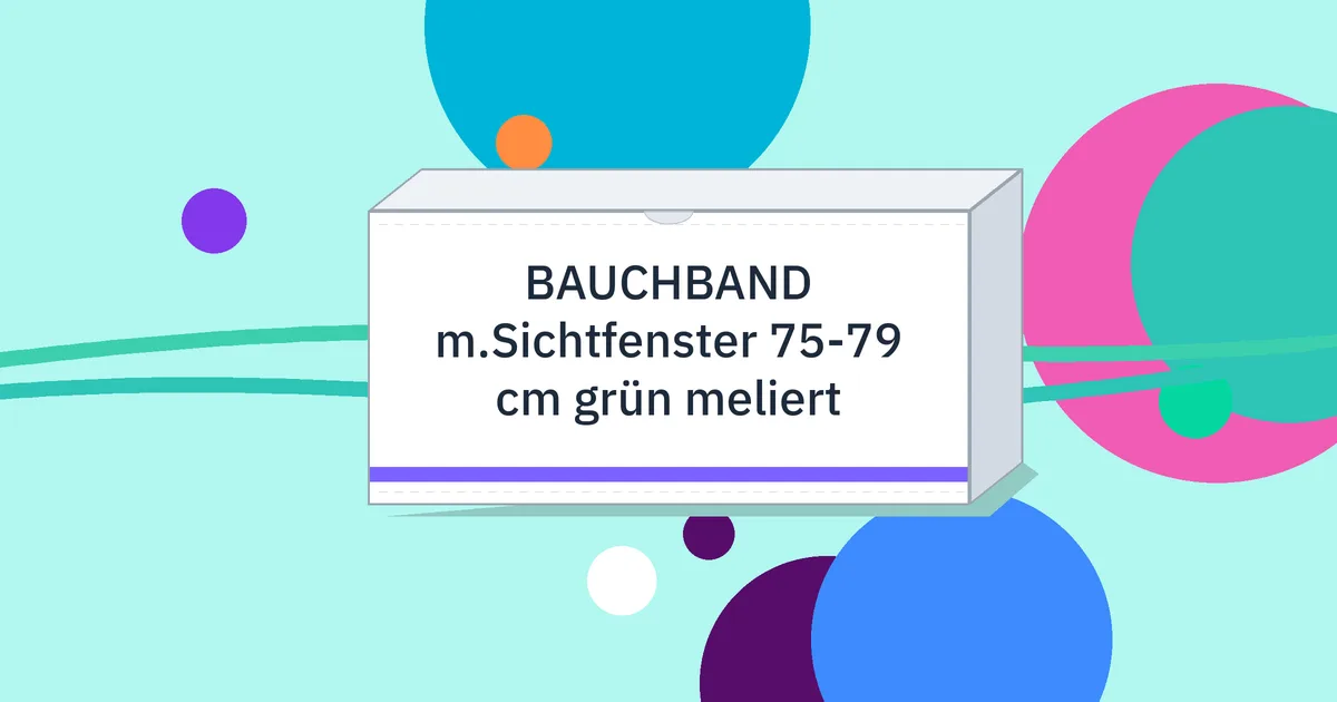 Symbolbild: Packung mit der Aufschrift BAUCHBAND m.Sichtfenster 75-79 cm grün meliert (PZN 13917355) – Verfügbarkeit und Bezug in Apotheken in Frankfurt am Main