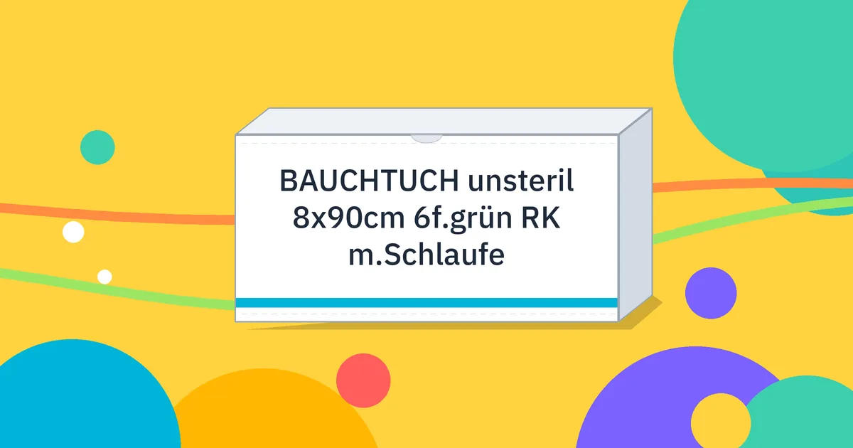 Symbolbild: Packung mit der Aufschrift BAUCHTUCH unsteril 8x90cm 6f.grün RK m.Schlaufe (PZN 13507255) – Verfügbarkeit und Bezug in Apotheken in Frankfurt am Main