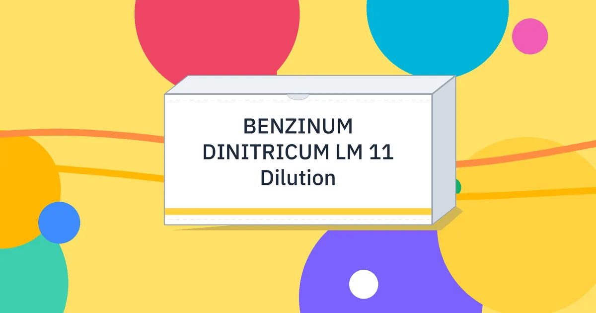 Symbolbild: Packung mit der Aufschrift BENZINUM DINITRICUM LM 11 Dilution (PZN 13382173) – Verfügbarkeit und Bezug in Apotheken in Frankfurt am Main