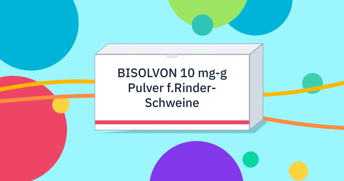 Symbolbild: Packung mit der Aufschrift BISOLVON 10 mg-g Pulver f.Rinder-Schweine (PZN 03987656) – Verfügbarkeit und Bezug in Apotheken in Frankfurt am Main