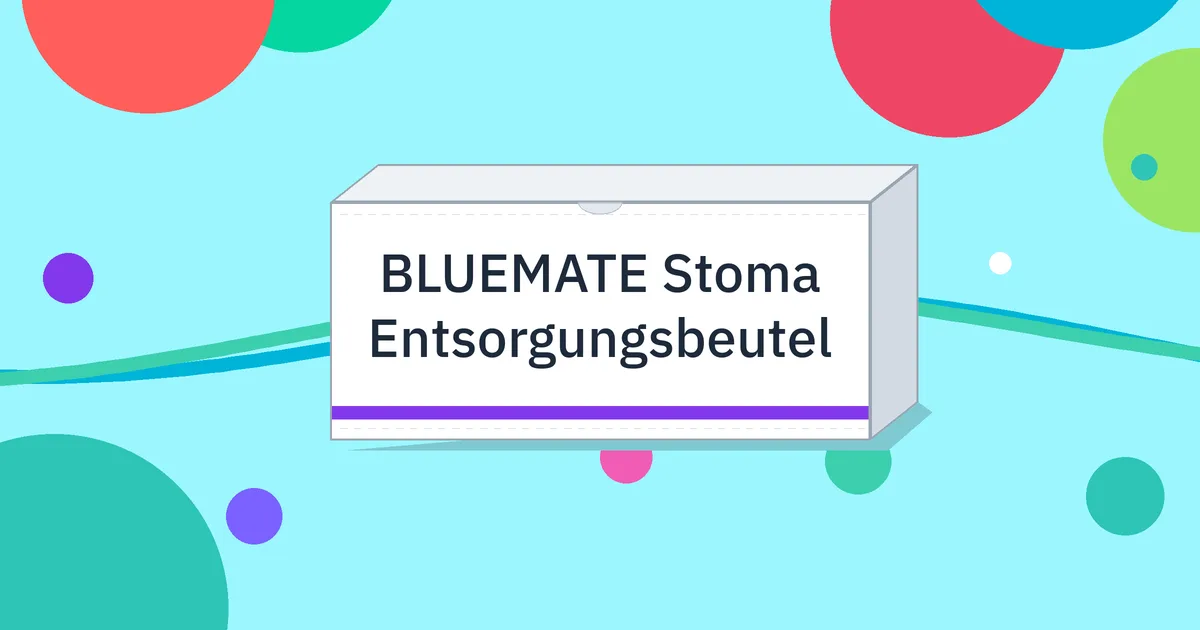 Symbolbild: Packung mit der Aufschrift BLUEMATE Stoma Entsorgungsbeutel (PZN 12723979) – Verfügbarkeit und Bezug in Apotheken in Frankfurt am Main