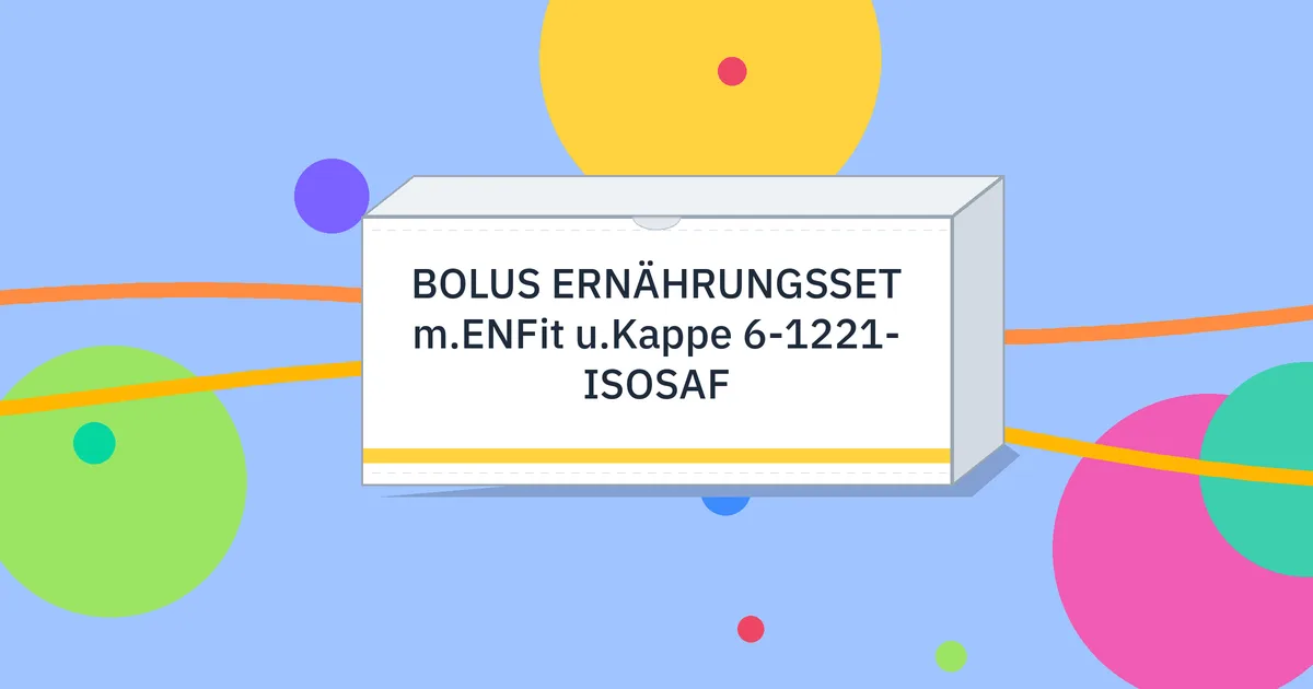 Symbolbild: Packung mit der Aufschrift BOLUS ERNÄHRUNGSSET m.ENFit u.Kappe 6-1221-ISOSAF (PZN 14345292) – Verfügbarkeit und Bezug in Apotheken in Frankfurt am Main