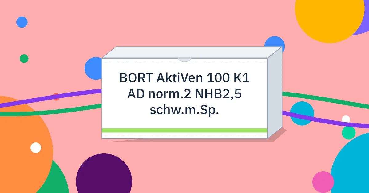 Symbolbild: Packung mit der Aufschrift BORT AktiVen 100 K1 AD norm.2 NHB2,5 schw.m.Sp. (PZN 17502102) – Verfügbarkeit und Bezug in Apotheken in Frankfurt am Main