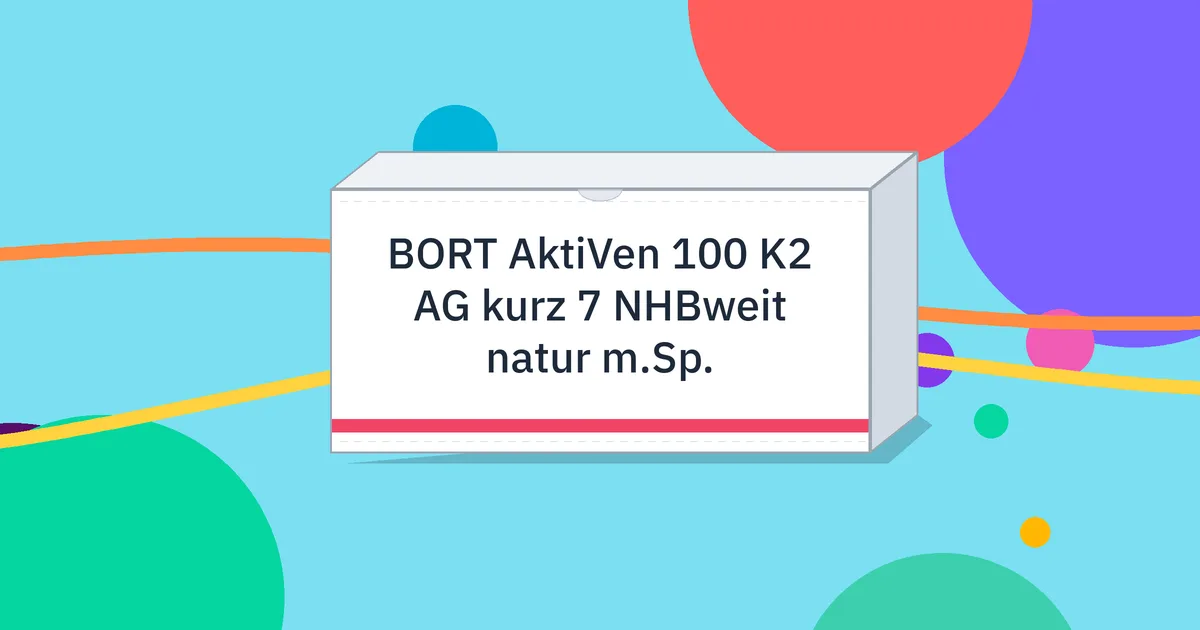 Symbolbild: Packung mit der Aufschrift BORT AktiVen 100 K2 AG kurz 7 NHBweit natur m.Sp. (PZN 13730705) – Verfügbarkeit und Bezug in Apotheken in Frankfurt am Main
