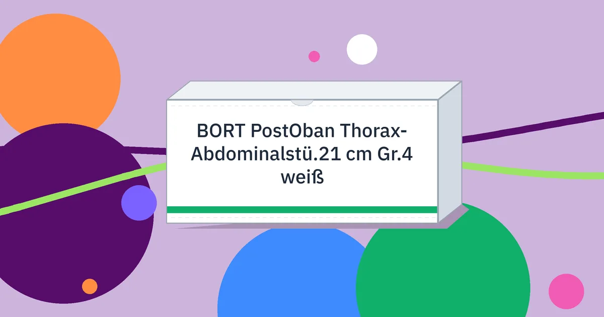Symbolbild: Packung mit der Aufschrift BORT PostOban Thorax-Abdominalstü.21 cm Gr.4 weiß (PZN 02768314) – Verfügbarkeit und Bezug in Apotheken in Frankfurt am Main