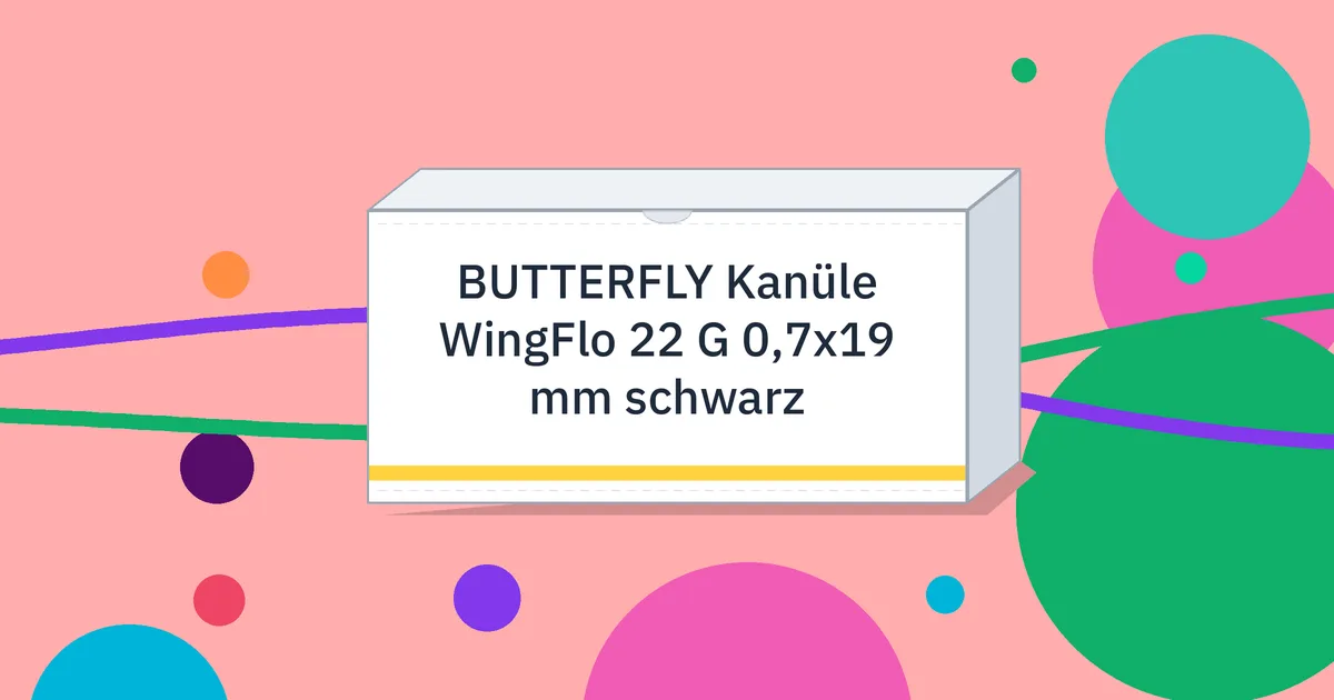 Symbolbild: Packung mit der Aufschrift BUTTERFLY Kanüle WingFlo 22 G 0,7x19 mm schwarz (PZN 18054976) – Verfügbarkeit und Bezug in Apotheken in Frankfurt am Main
