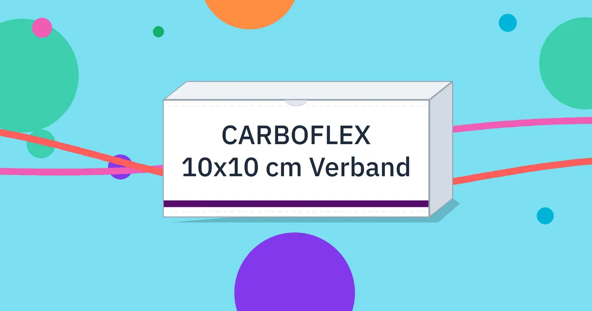 Symbolbild: Packung mit der Aufschrift CARBOFLEX 10x10 cm Verband (PZN 20179797) – Verfügbarkeit und Bezug in Apotheken in Frankfurt am Main