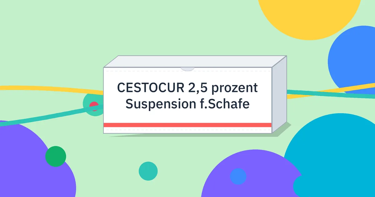 Symbolbild: Packung mit der Aufschrift CESTOCUR 2,5 prozent Suspension f.Schafe (PZN 07707553) – Verfügbarkeit und Bezug in Apotheken in Frankfurt am Main