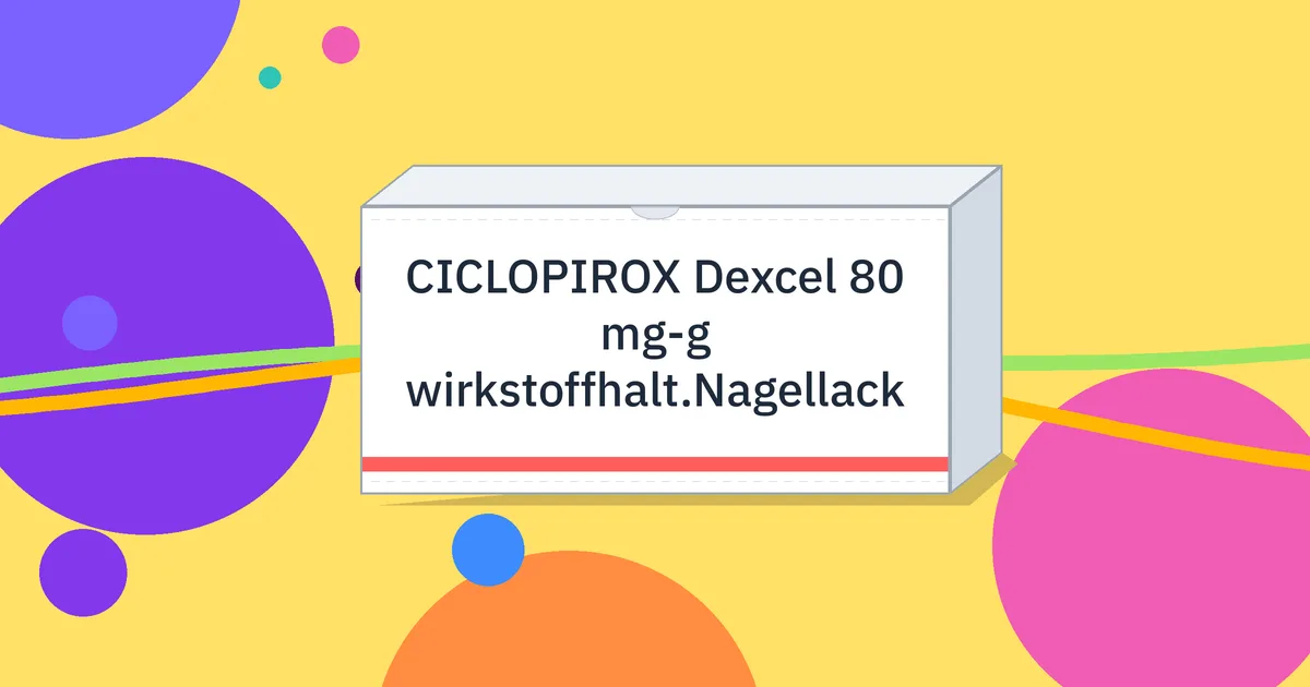 Symbolbild: Packung mit der Aufschrift CICLOPIROX Dexcel 80 mg-g wirkstoffhalt.Nagellack (PZN 17617236) – Verfügbarkeit und Bezug in Apotheken in Frankfurt am Main