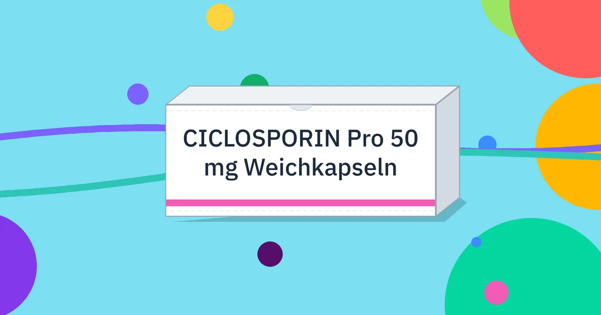 Symbolbild: Packung mit der Aufschrift CICLOSPORIN Pro 50 mg Weichkapseln (PZN 06724561) – Verfügbarkeit und Bezug in Apotheken in Frankfurt am Main