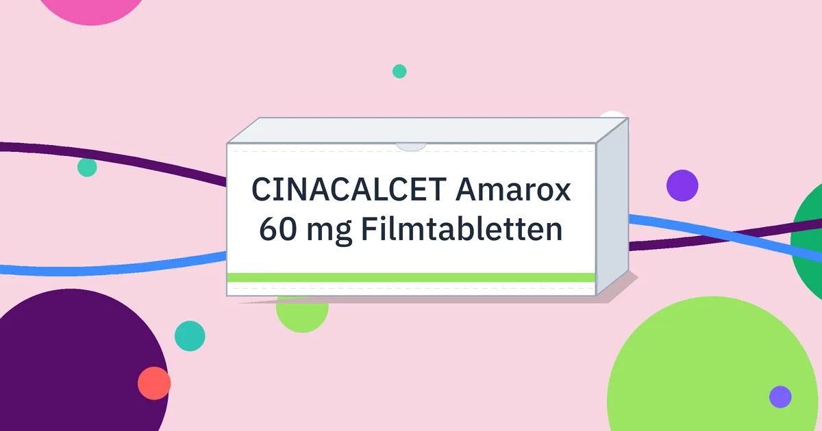 Symbolbild: Packung mit der Aufschrift CINACALCET Amarox 60 mg Filmtabletten (PZN 16817855) – Verfügbarkeit und Bezug in Apotheken in Frankfurt am Main