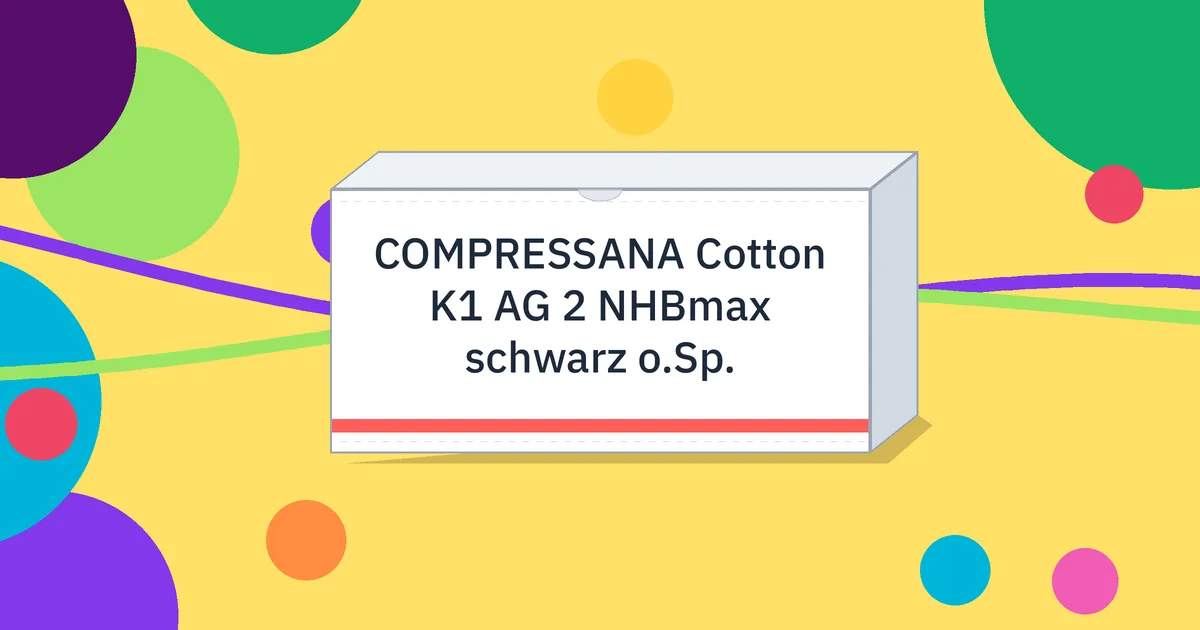 Symbolbild: Packung mit der Aufschrift COMPRESSANA Cotton K1 AG 2 NHBmax schwarz o.Sp. (PZN 11392902) – Verfügbarkeit und Bezug in Apotheken in Frankfurt am Main