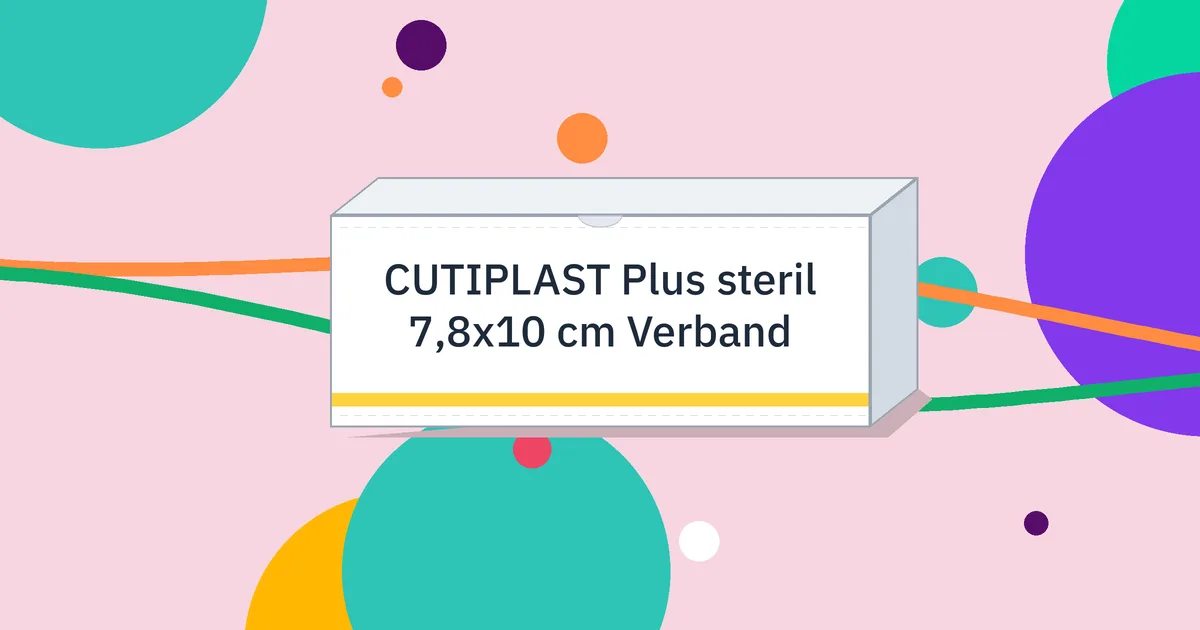 Symbolbild: Packung mit der Aufschrift CUTIPLAST Plus steril 7,8x10 cm Verband (PZN 14329583) – Verfügbarkeit und Bezug in Apotheken in Frankfurt am Main