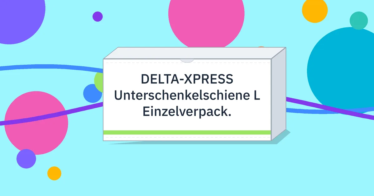 Symbolbild: Packung mit der Aufschrift DELTA-XPRESS Unterschenkelschiene L Einzelverpack. (PZN 07619814) – Verfügbarkeit und Bezug in Apotheken in Frankfurt am Main