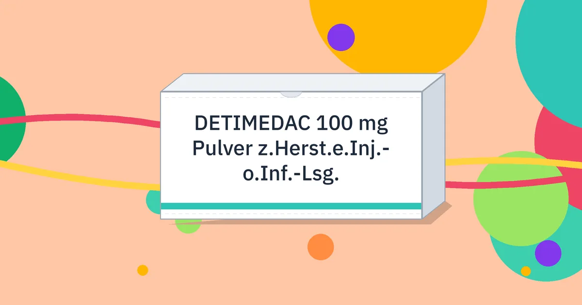 Symbolbild: Packung mit der Aufschrift DETIMEDAC 100 mg Pulver z.Herst.e.Inj.-o.Inf.-Lsg. (PZN 04613610) – Verfügbarkeit und Bezug in Apotheken in Frankfurt am Main