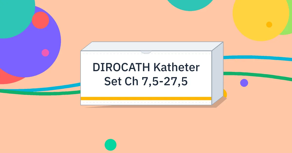 Symbolbild: Packung mit der Aufschrift DIROCATH Katheter Set Ch 7,5-27,5 (PZN 04341382) – Verfügbarkeit und Bezug in Apotheken in Frankfurt am Main