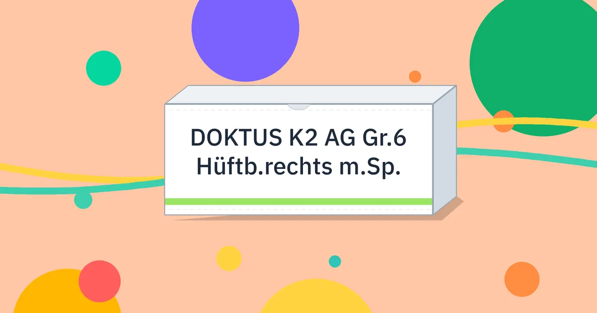 Symbolbild: Packung mit der Aufschrift DOKTUS K2 AG Gr.6 Hüftb.rechts m.Sp. (PZN 03310818) – Verfügbarkeit und Bezug in Apotheken in Frankfurt am Main