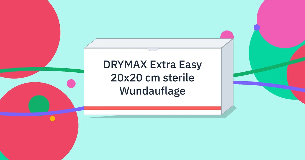 Symbolbild: Packung mit der Aufschrift DRYMAX Extra Easy 20x20 cm sterile Wundauflage (PZN 14357384) – Verfügbarkeit und Bezug in Apotheken in Frankfurt am Main