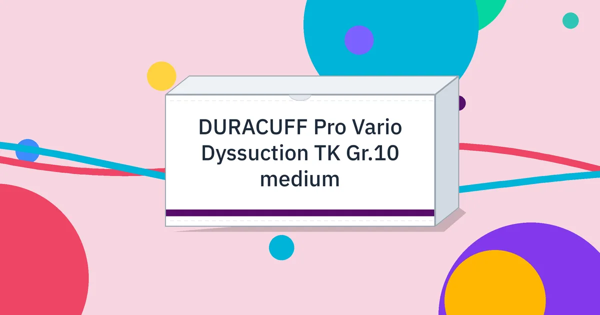 Symbolbild: Packung mit der Aufschrift DURACUFF Pro Vario Dyssuction TK Gr.10 medium (PZN 20088215) – Verfügbarkeit und Bezug in Apotheken in Frankfurt am Main