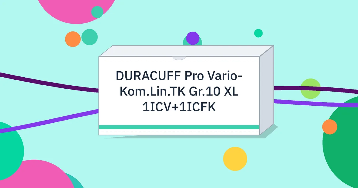 Symbolbild: Packung mit der Aufschrift DURACUFF Pro Vario-Kom.Lin.TK Gr.10 XL 1ICV+1ICFK (PZN 19246169) – Verfügbarkeit und Bezug in Apotheken in Frankfurt am Main