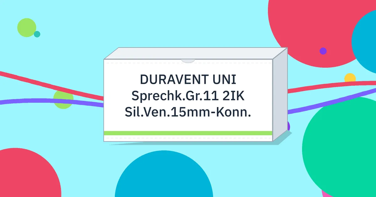 Symbolbild: Packung mit der Aufschrift DURAVENT UNI Sprechk.Gr.11 2IK Sil.Ven.15mm-Konn. (PZN 02083361) – Verfügbarkeit und Bezug in Apotheken in Frankfurt am Main