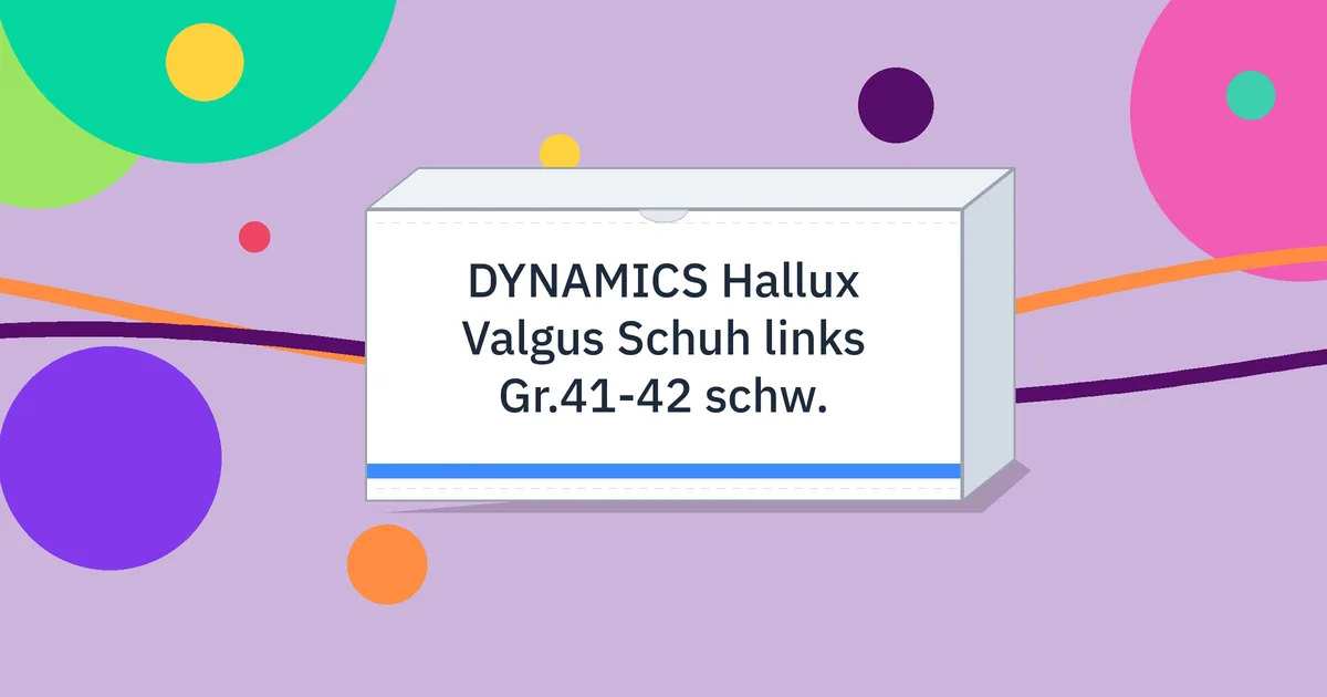 Symbolbild: Packung mit der Aufschrift DYNAMICS Hallux Valgus Schuh links Gr.41-42 schw. (PZN 10632646) – Verfügbarkeit und Bezug in Apotheken in Frankfurt am Main