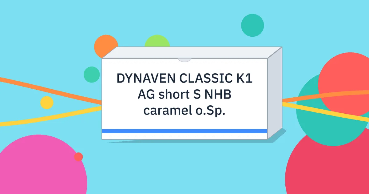 Symbolbild: Packung mit der Aufschrift DYNAVEN CLASSIC K1 AG short S NHB caramel o.Sp. (PZN 18415457) – Verfügbarkeit und Bezug in Apotheken in Frankfurt am Main