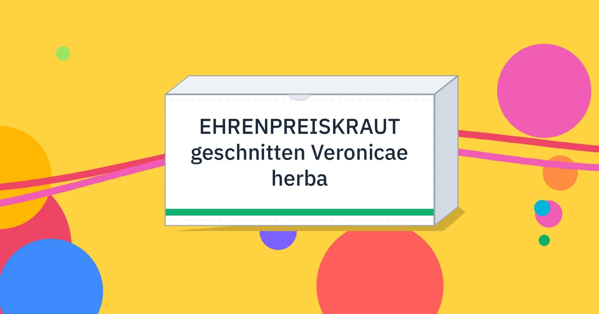 Symbolbild: Packung mit der Aufschrift EHRENPREISKRAUT geschnitten Veronicae herba (PZN 20953328) – Verfügbarkeit und Bezug in Apotheken in Frankfurt am Main