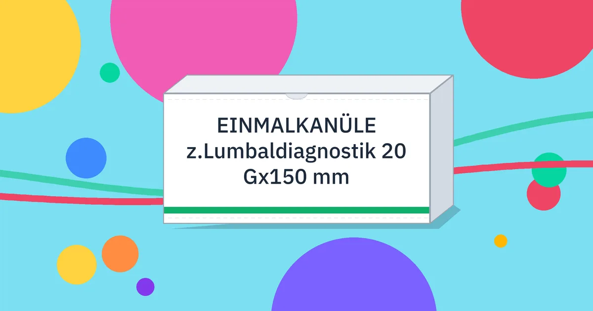 Symbolbild: Packung mit der Aufschrift EINMALKANÜLE z.Lumbaldiagnostik 20 Gx150 mm (PZN 00884393) – Verfügbarkeit und Bezug in Apotheken in Frankfurt am Main
