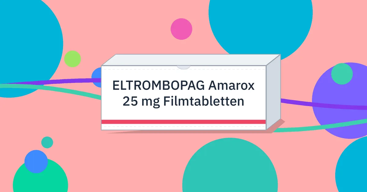 Symbolbild: Packung mit der Aufschrift ELTROMBOPAG Amarox 25 mg Filmtabletten (PZN 19708517) – Verfügbarkeit und Bezug in Apotheken in Frankfurt am Main